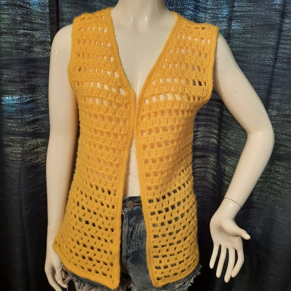 Handmade | Jackets & Coats | Vintage Handmade Crochet Yellow Open Front ...